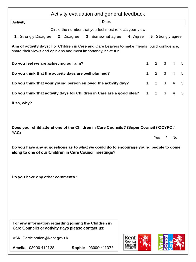 Activity Day Evaluation Form - For Foster Carers | PDF
