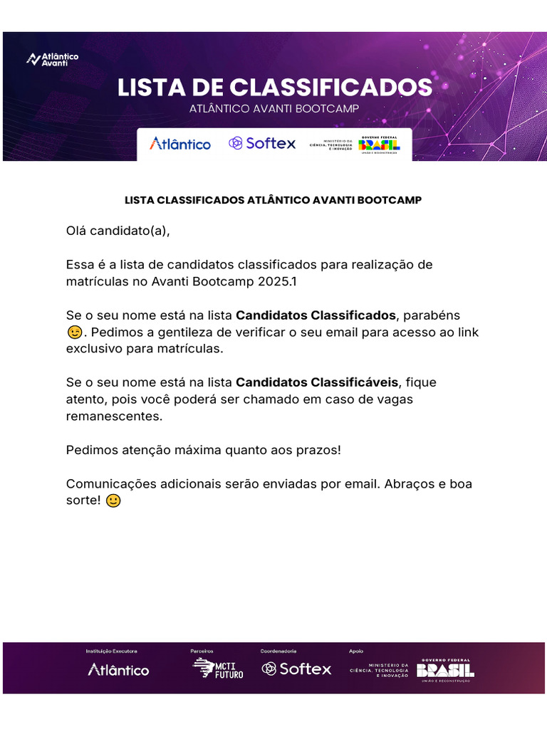 Lista de Classificacao Bootcamp 2025.1 | PDF