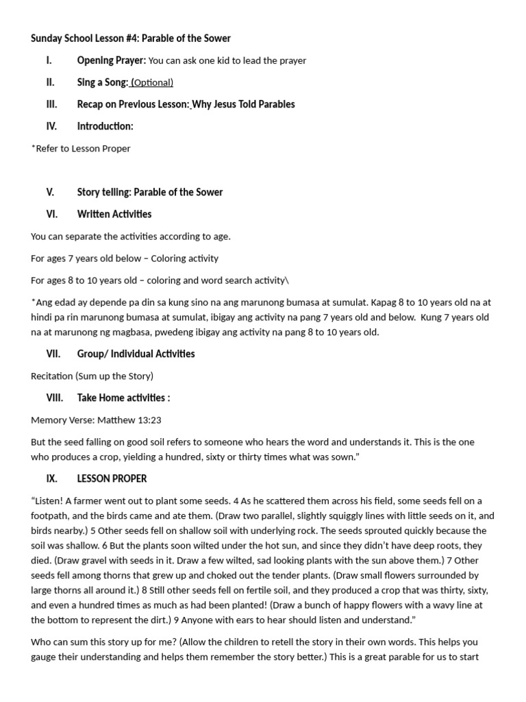 Sunday School Lesson 4 - Parable of the Sower | PDF | Jesus | Salvation