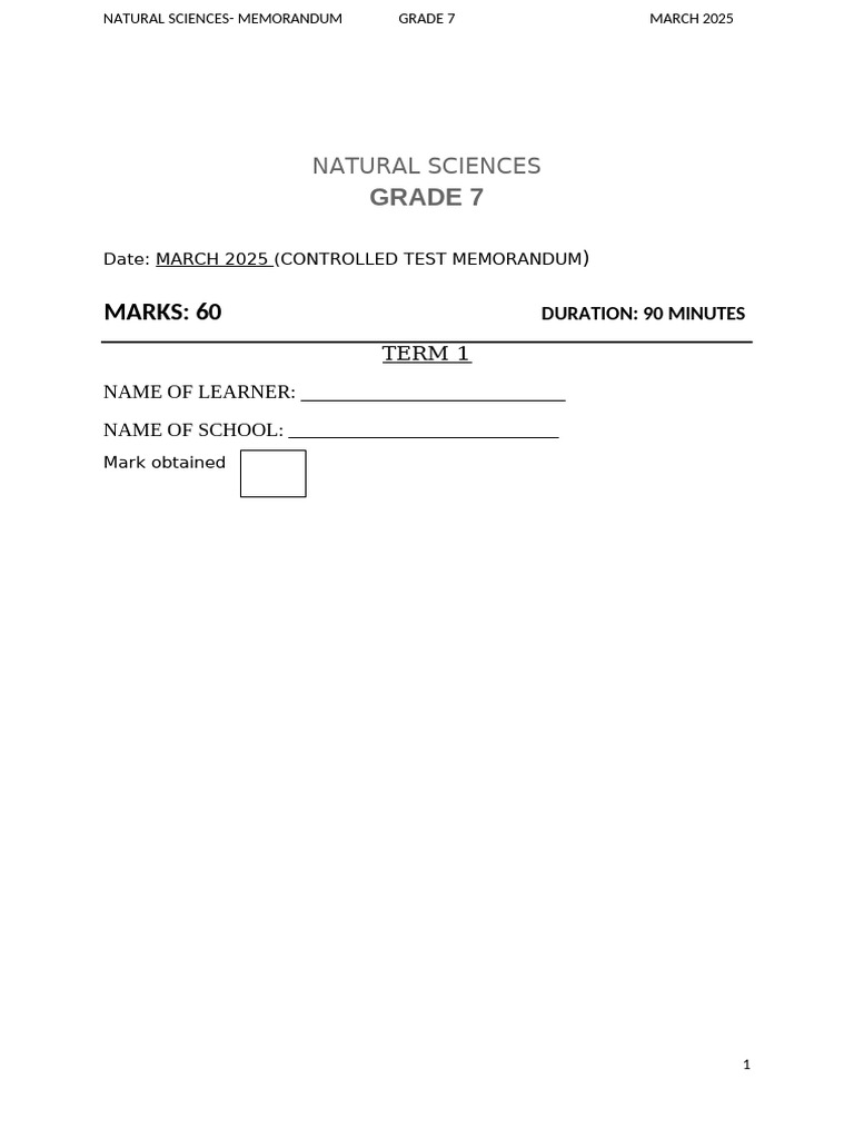 Grade 7 Natural Sciences Term 1 Test Memorandum-1 | PDF | Plants ...