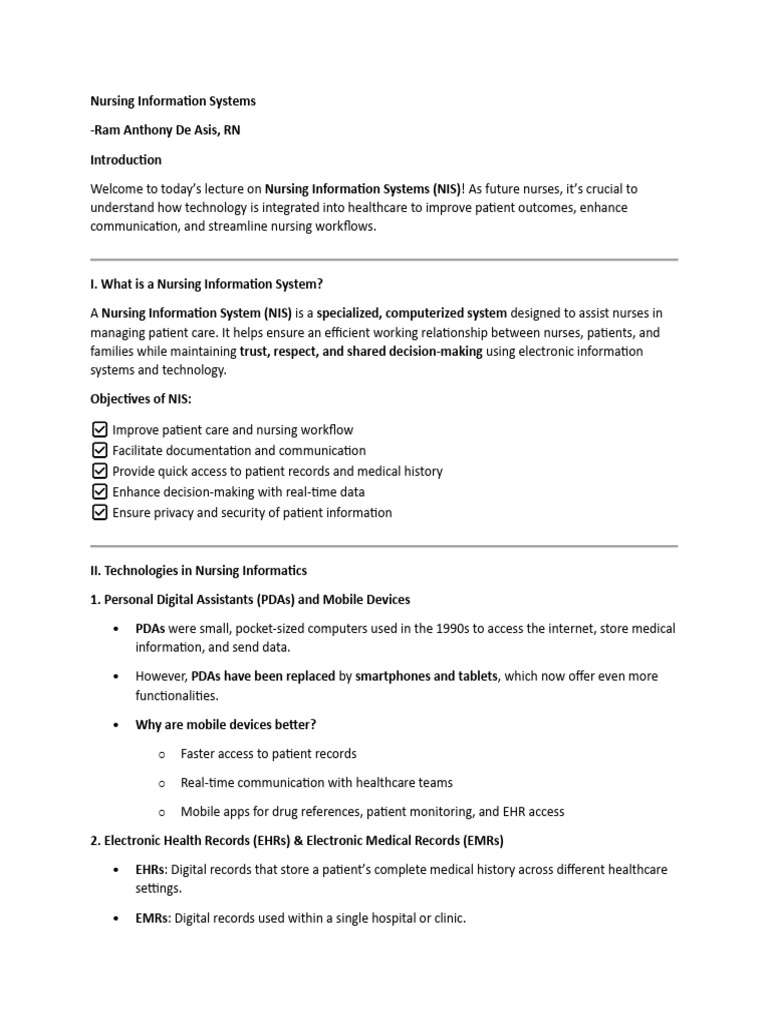 Lecture On Nursing Information Systems | PDF | Electronic Health Record | Nursing