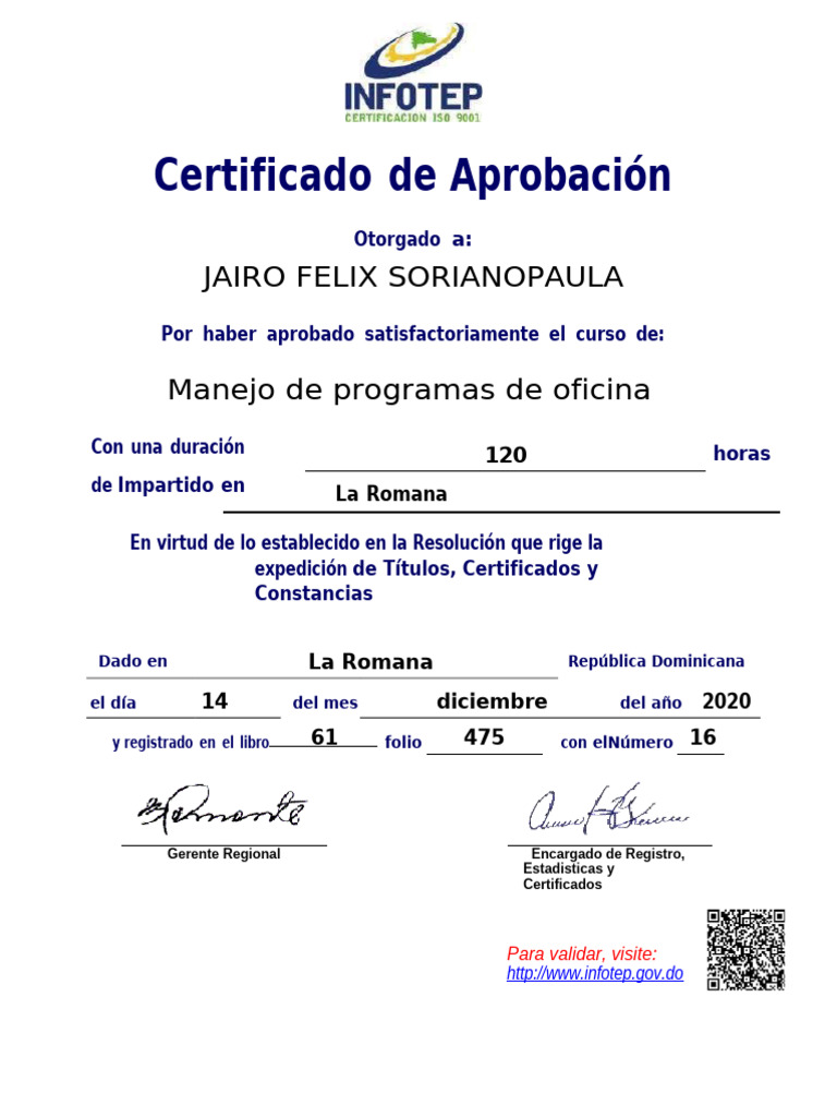 Certificado INFOTEP | PDF