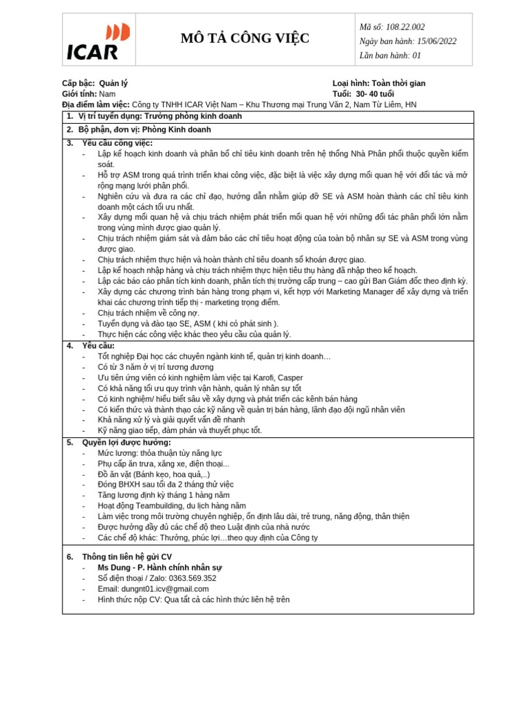 JD TP Kinh Doanh HN | PDF