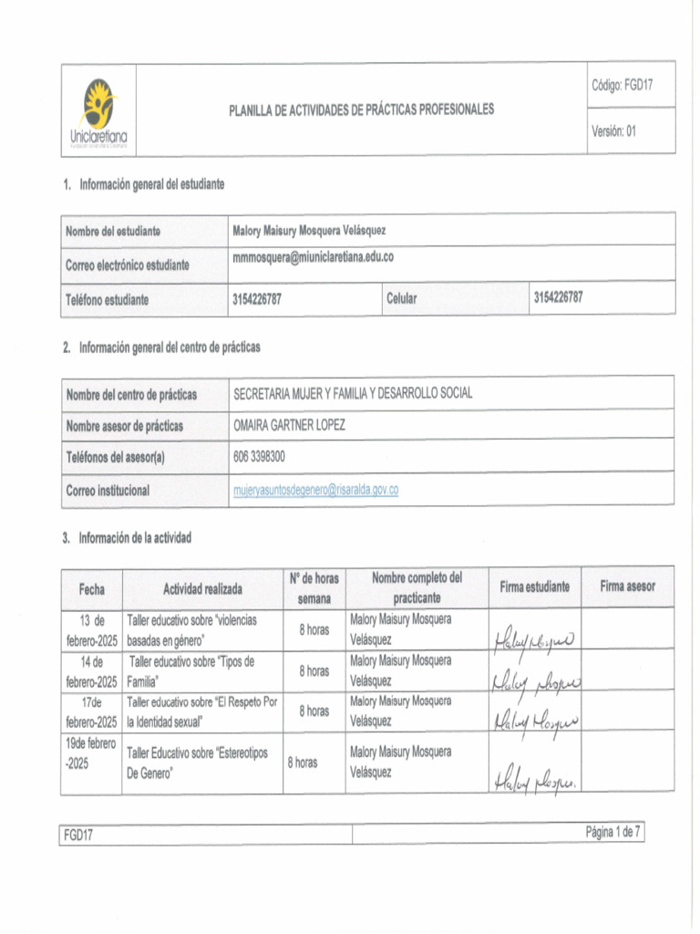 Planilla de Actividades Practicas Profesionales | PDF