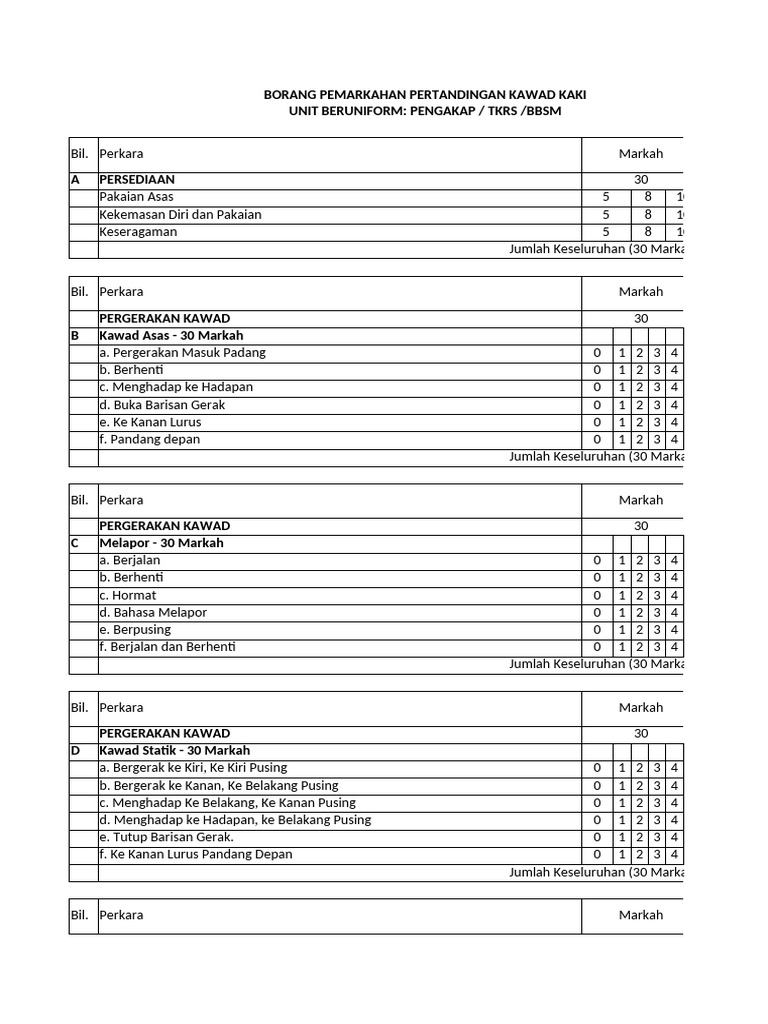 Borang Pemarkahan Kawad Kaki | PDF