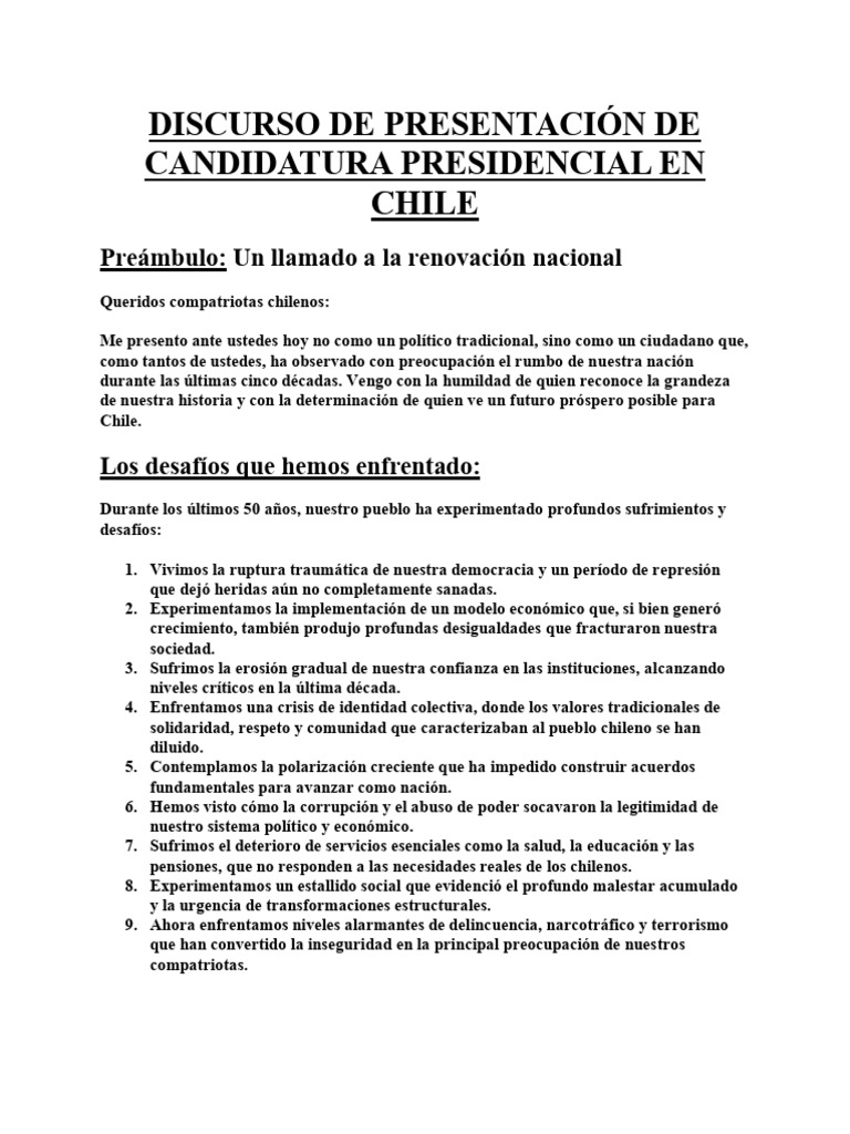 Discurso de Presentación de Candidatura Presidencial | PDF | Chile | Democracia