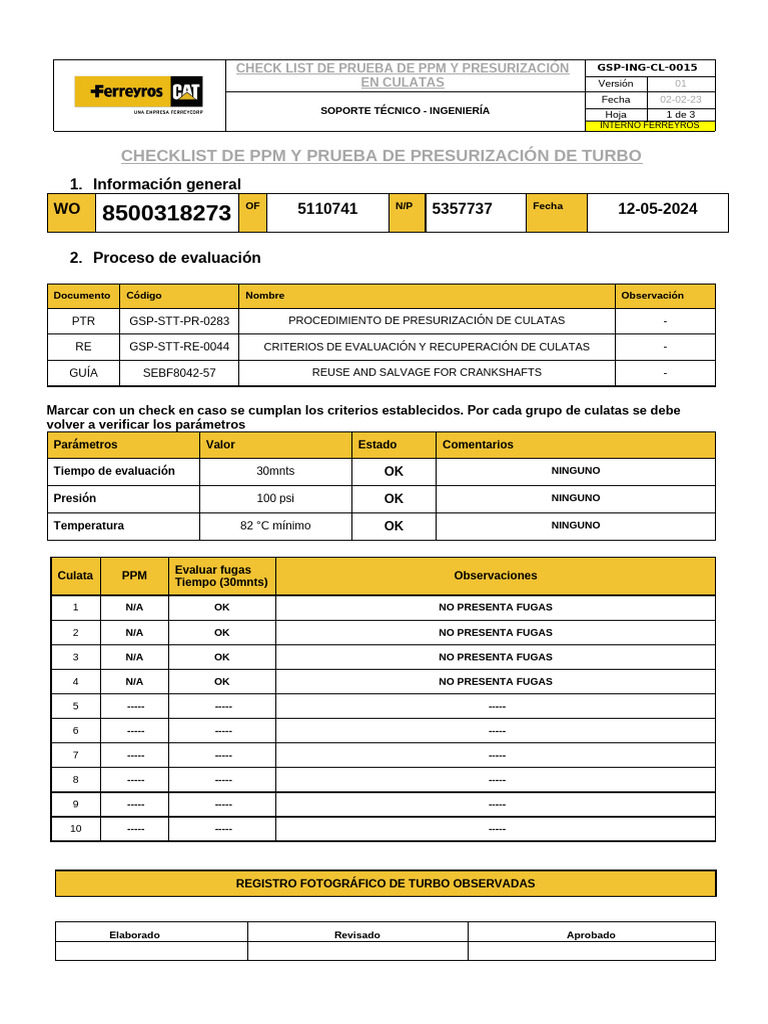 Checklist de Prueba de PPM y Presurización | PDF