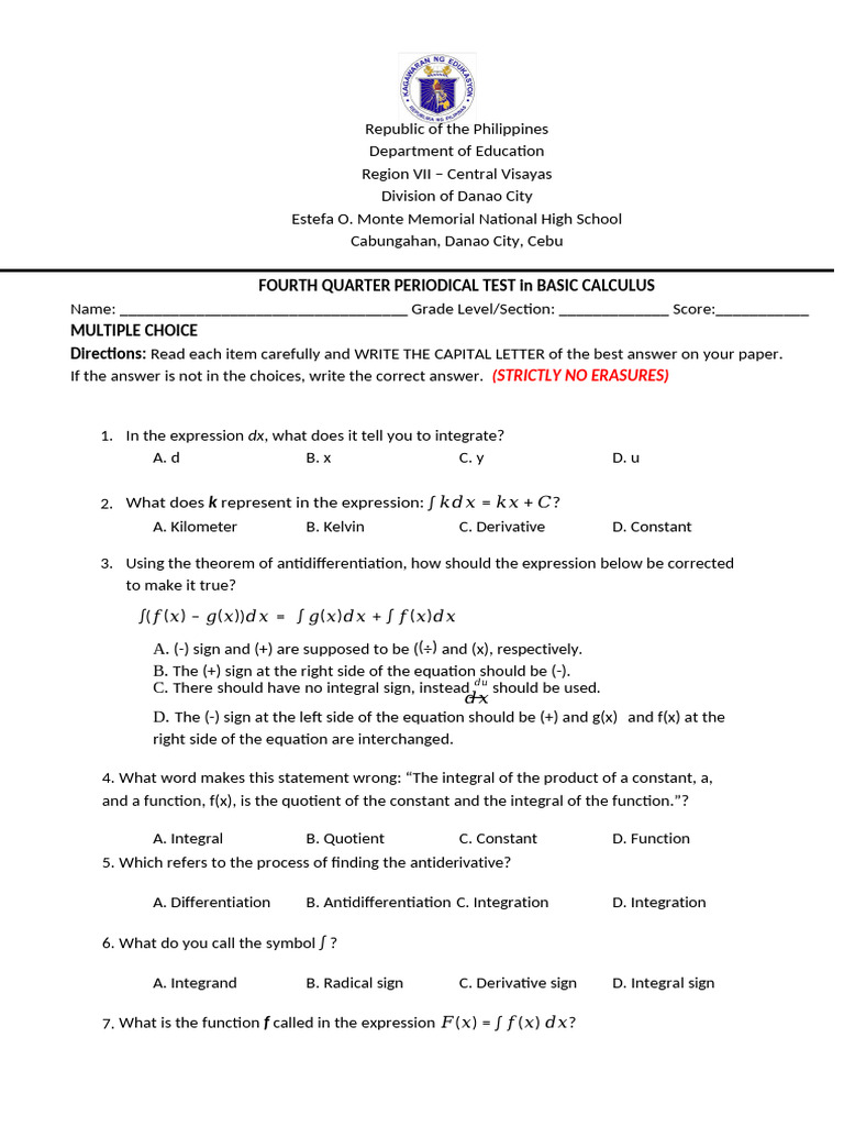 Basic Calculus Periodical Test | PDF | Integral | Algebra