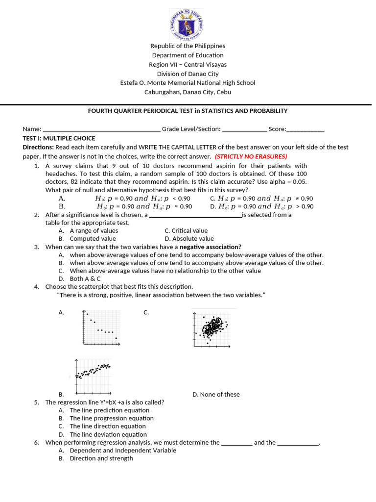 FOURTH PERIODICAL TEST in Statistics and Probability | PDF | Statistics ...