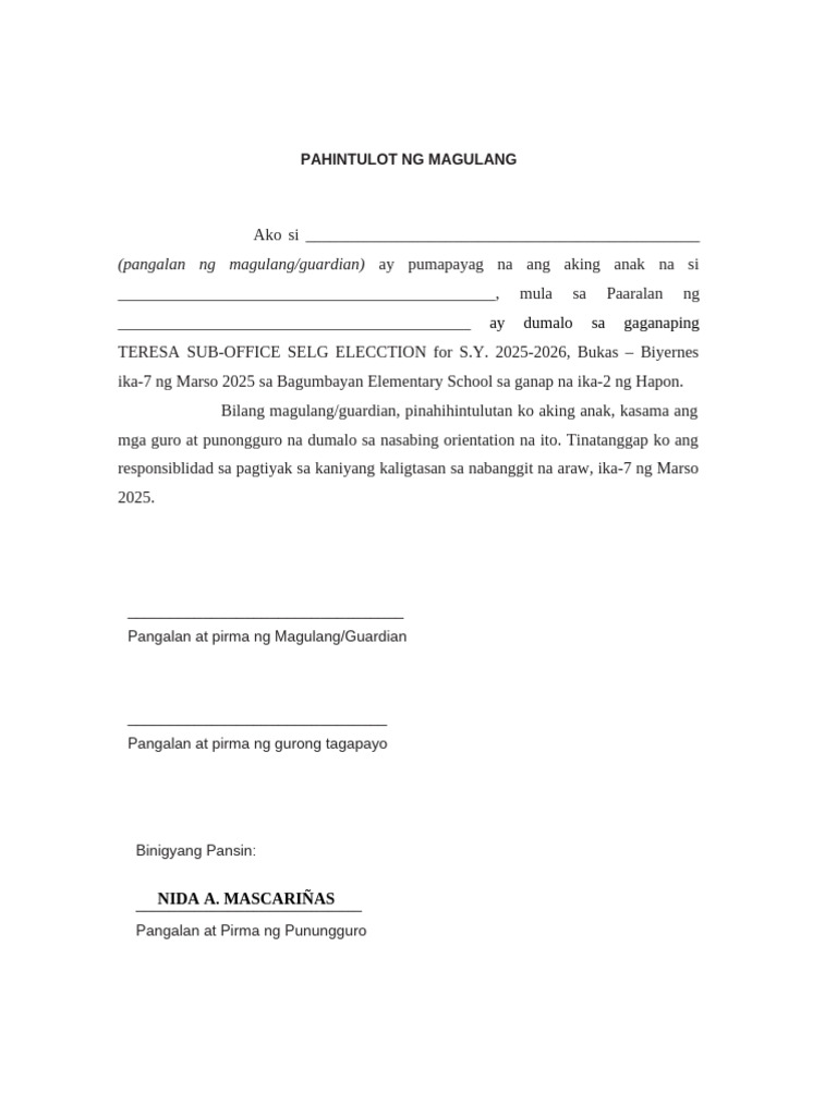 SELG-ELECTION-PAHINTULOT-NG-MAGULANG | PDF