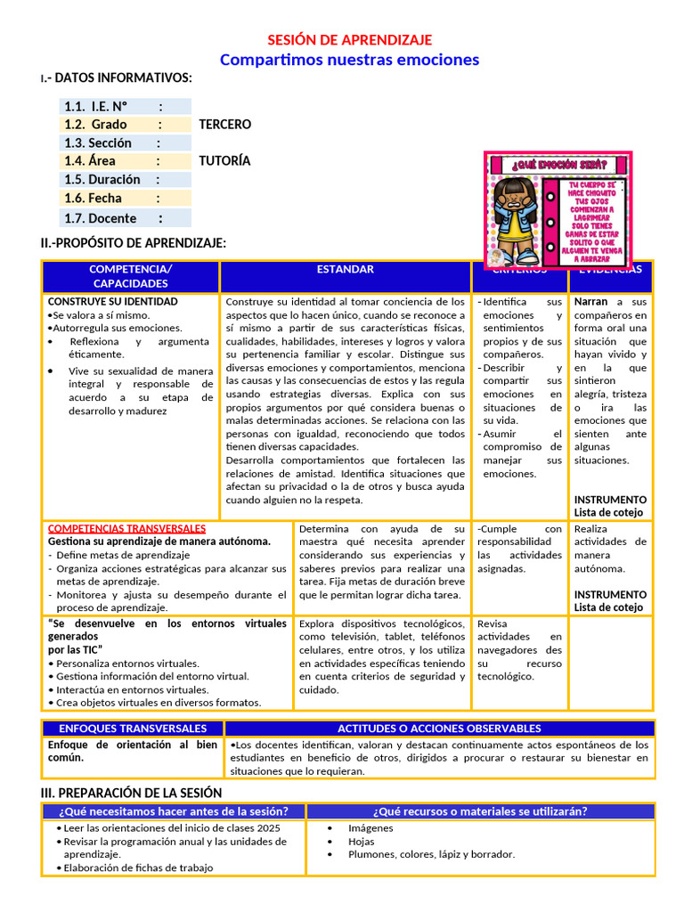 D1 A3 SES. TUT. Compartimos Nuestras Emociones | PDF | Aprendizaje | Las emociones