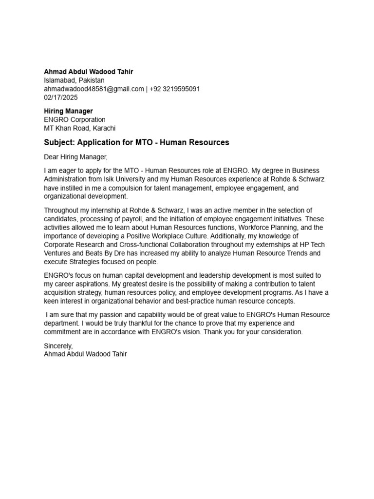 Subject: Application For MTO - Human Resources: Ahmad Abdul Wadood Tahir | PDF