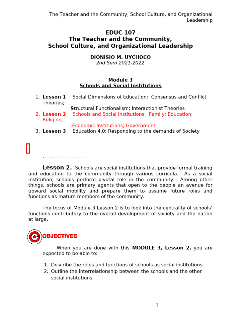 Module 3 Lesson 4 School and Social Institutions | PDF | Institution | Society
