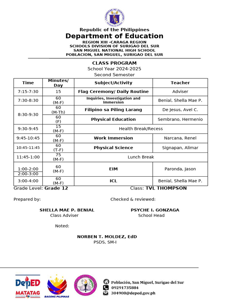 Class Program 2ND Sem | PDF