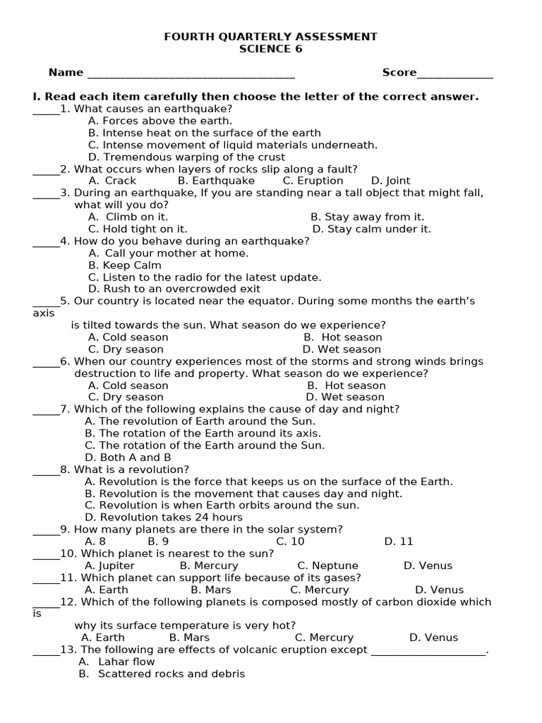 Q4 - Science6 - Periodical Test | PDF | Planets | Earth