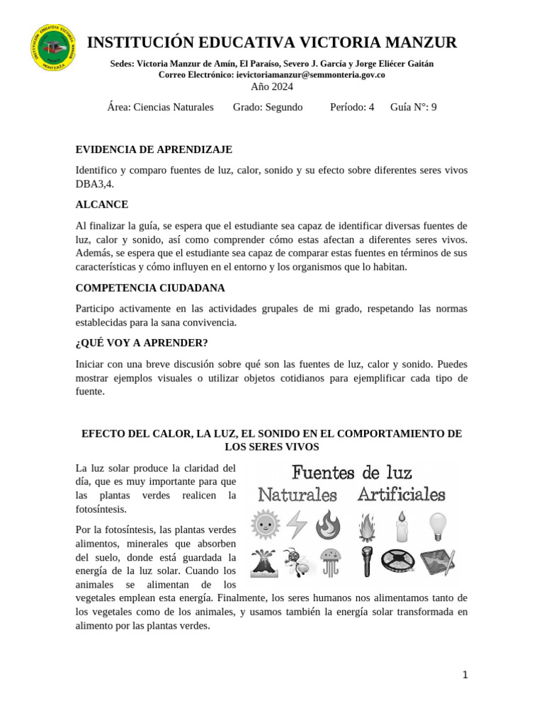 Guía 9 Ciencias Naturales - Efecto Del Calor, La Luz, El Sonido en El ...