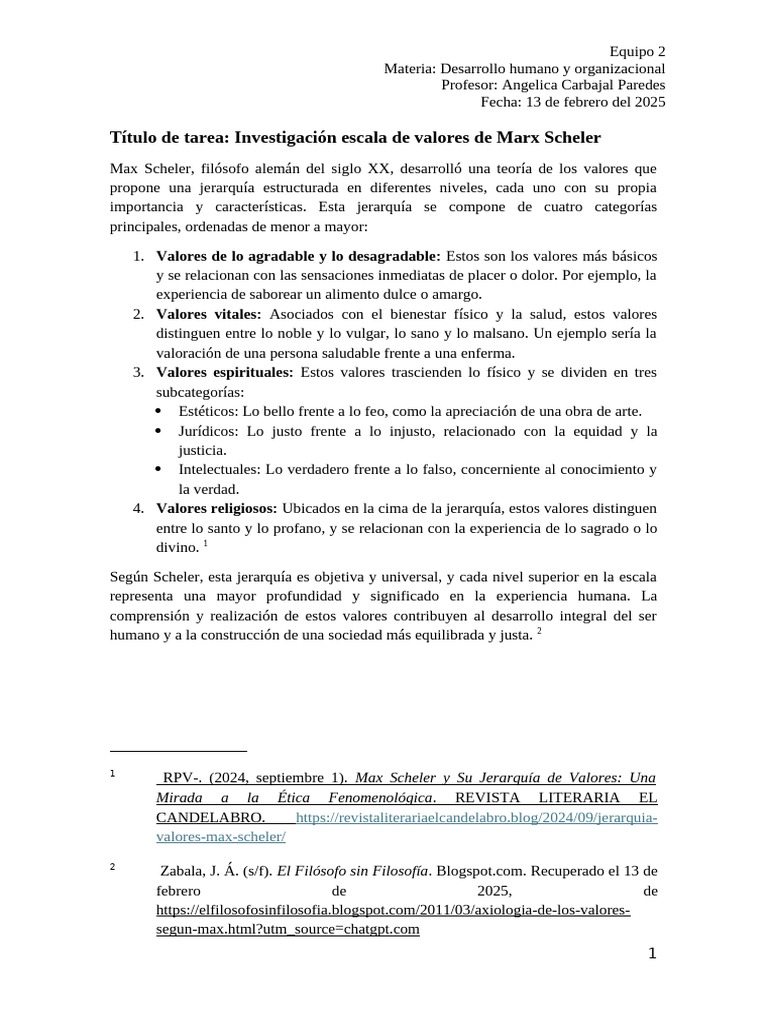 Título de Tarea: Investigación Escala de Valores de Marx Scheler | PDF ...