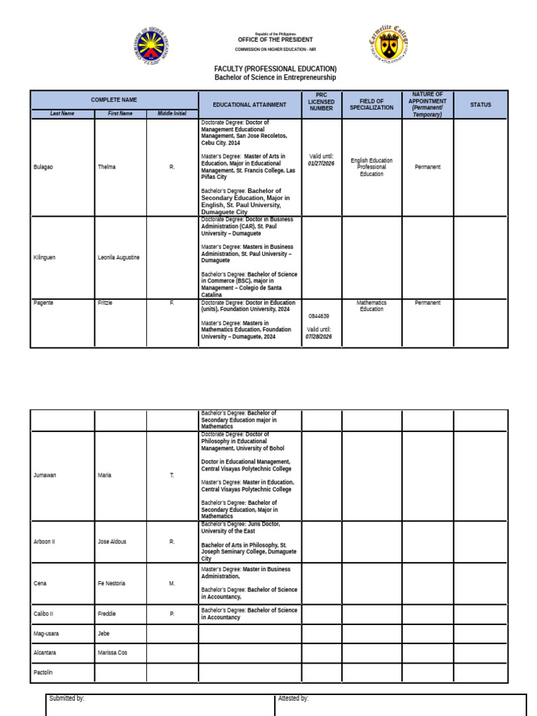 Template For CHED Faculty Summary | PDF | Higher Education | Qualifications