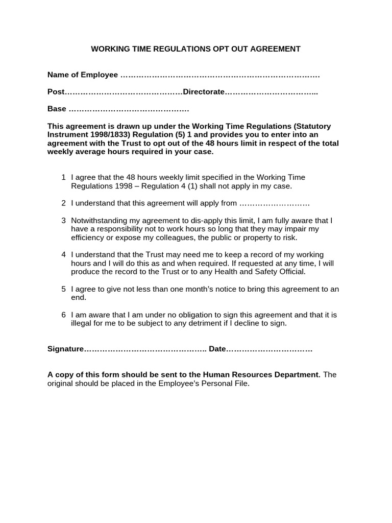 Working Time Regulations Opt-Out Agreement | PDF