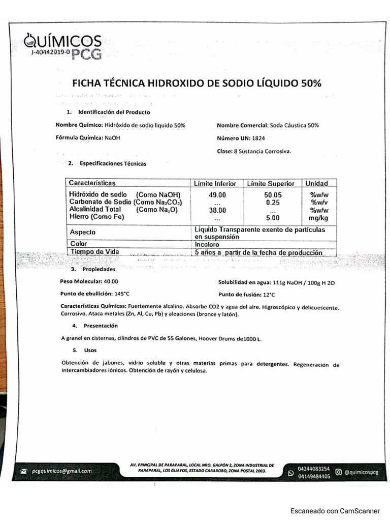 Ficha Técnica y Soda Caústica Liq Al 50% | PDF
