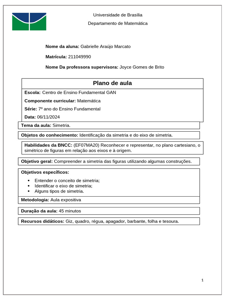 Plano de Aula (Simetria) | PDF