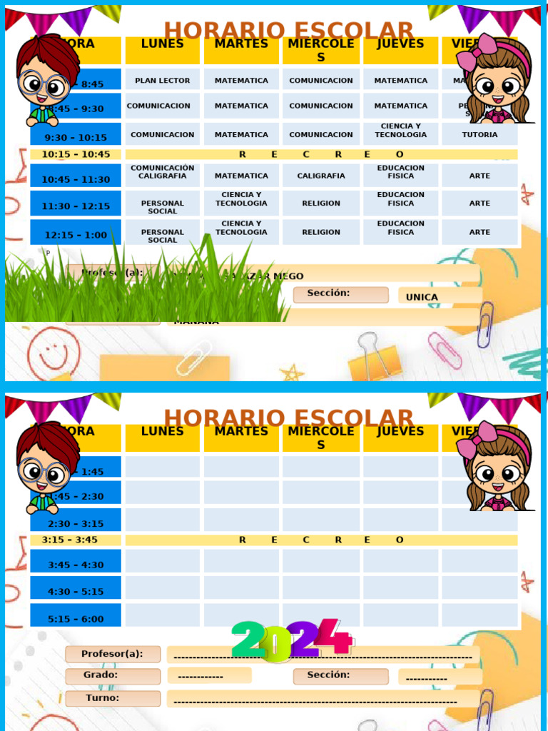 Horario Editable-Maestra de Primaria Perú 2024 | PDF