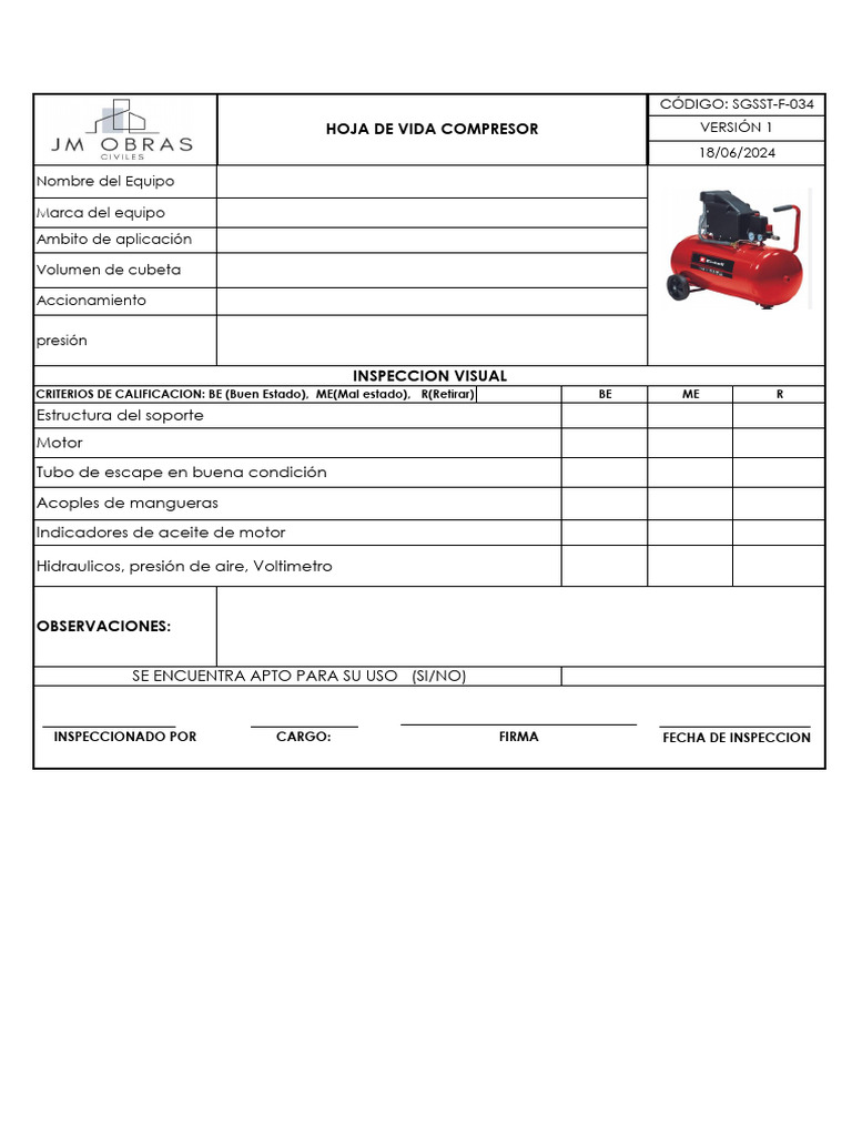 SGSST-F-034 - Hoja de Vida Compresor | PDF