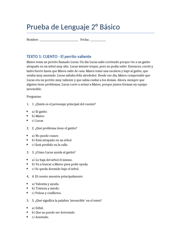 Prueba Lenguaje Segundo Basico | PDF | Galleta | Alimentos