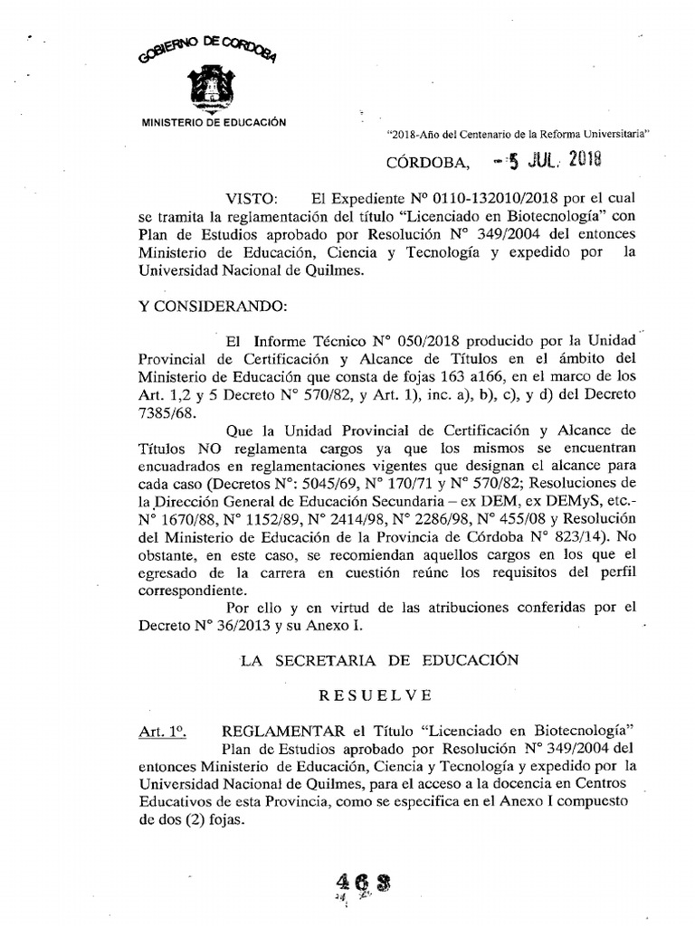 Resol 463 - 2018 Lic en Biotecnología UNQuilmes | PDF