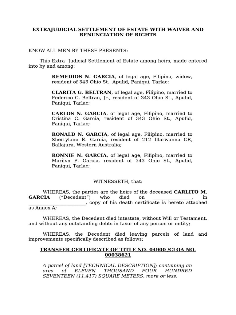 Extra Judicial Settlement of Estate With Waiver of Rights | PDF | Deed | Civil Law (Legal System)