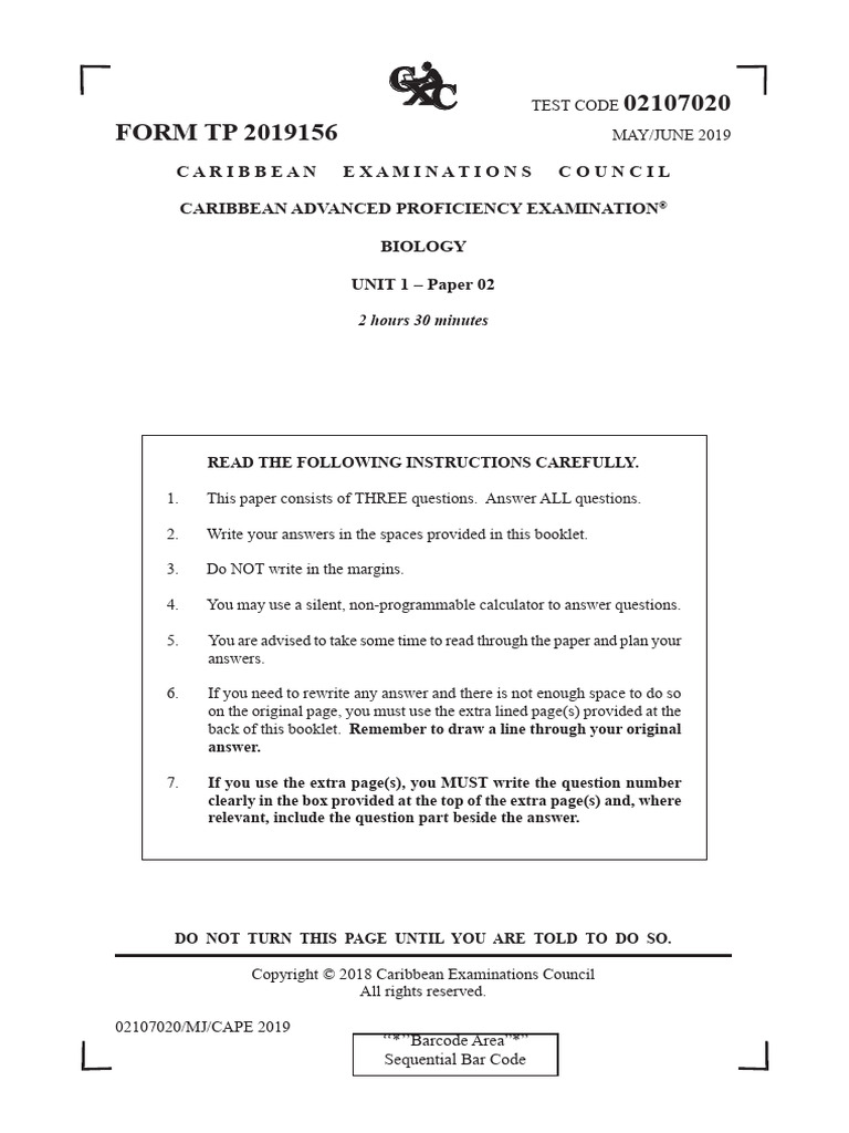 CAPE Biology U1 P2 2019 MJ | PDF | Cell Membrane | Mutation