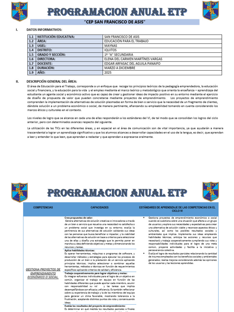 Plan Anual Ept 1° Sec 2025 Edgar Del Aguila | PDF | Iniciativa empresarial | Aprendizaje