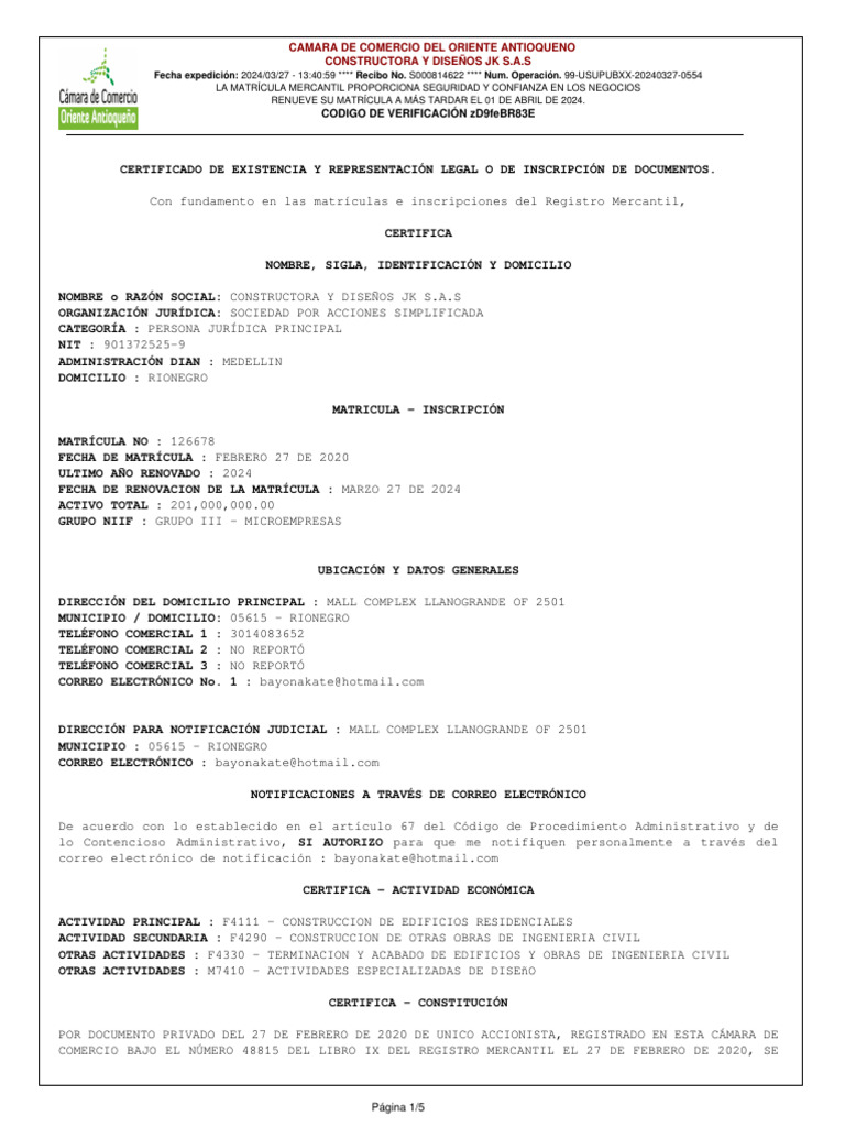 Certificado de Camara de Comercio Constructora y Diseños JK Sas | PDF | Sociedad de ...
