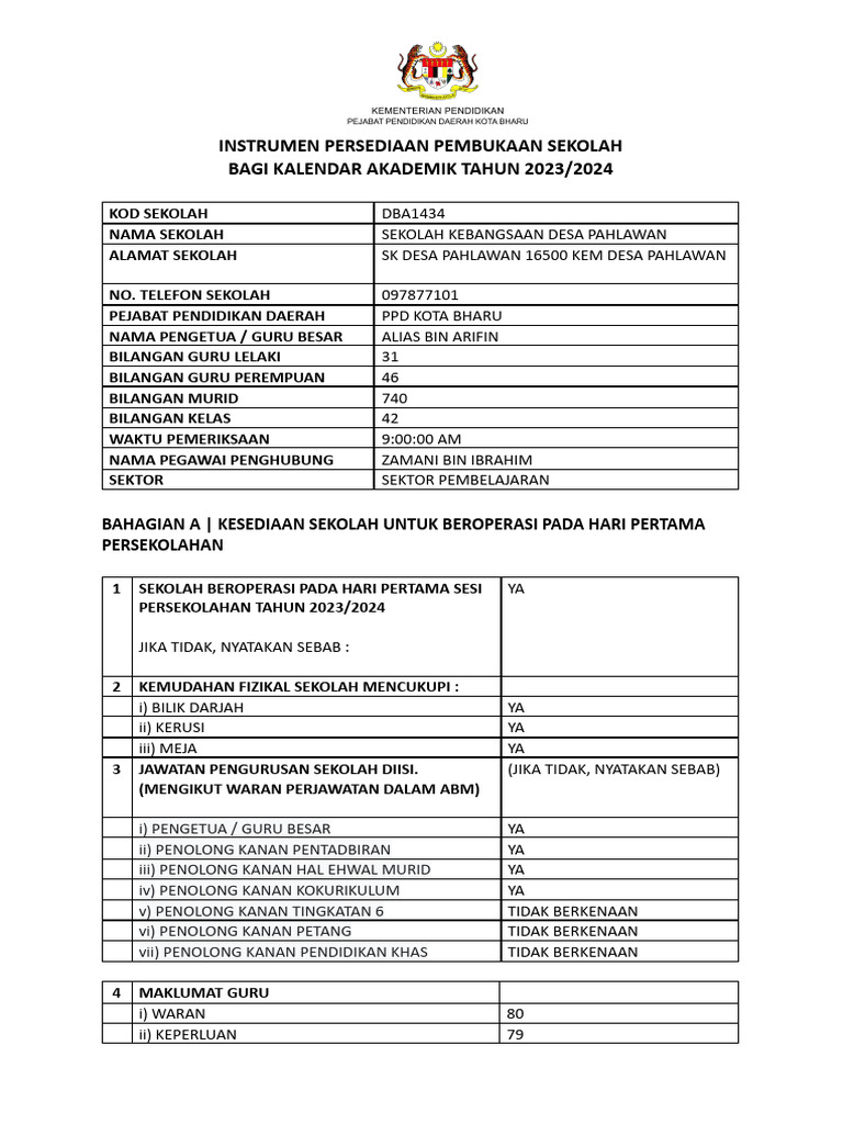 FORM INSTRUMEN PERSEDIAAN PEMBUKAAN SEKOLAH BAGI KALENDAR AKADEMIK TAHUN 2023-2024 | PDF