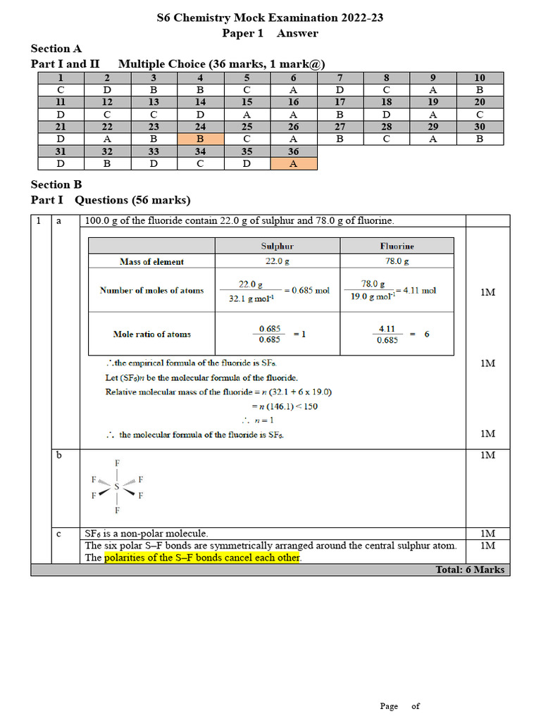 S6 Chemistry Mock Exam 2022-23 Answers | PDF | Chemical Bond | Ion