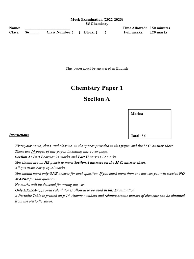 2223 S6 Chem Mock Exam Paper I A Qs Paper | PDF | Acid | Oxide