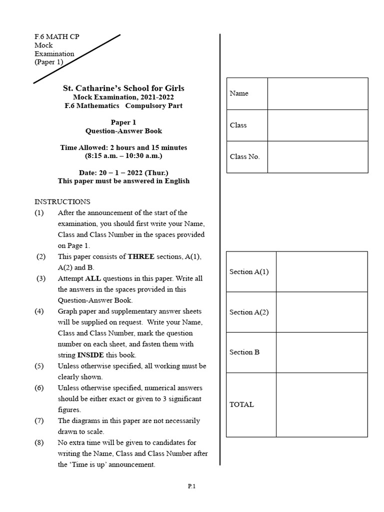 F.6 Mock Exam P1 2021-2022 | PDF | Geometry | Euclidean Geometry