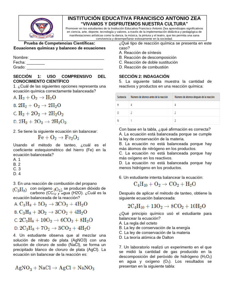 PRUEBA DIAGNOSTICA QUIMICA 11° | PDF | Reacciones químicas | Química