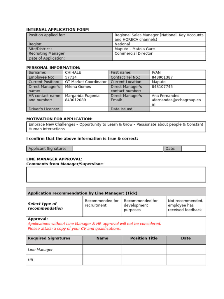 Internal Application Form | PDF