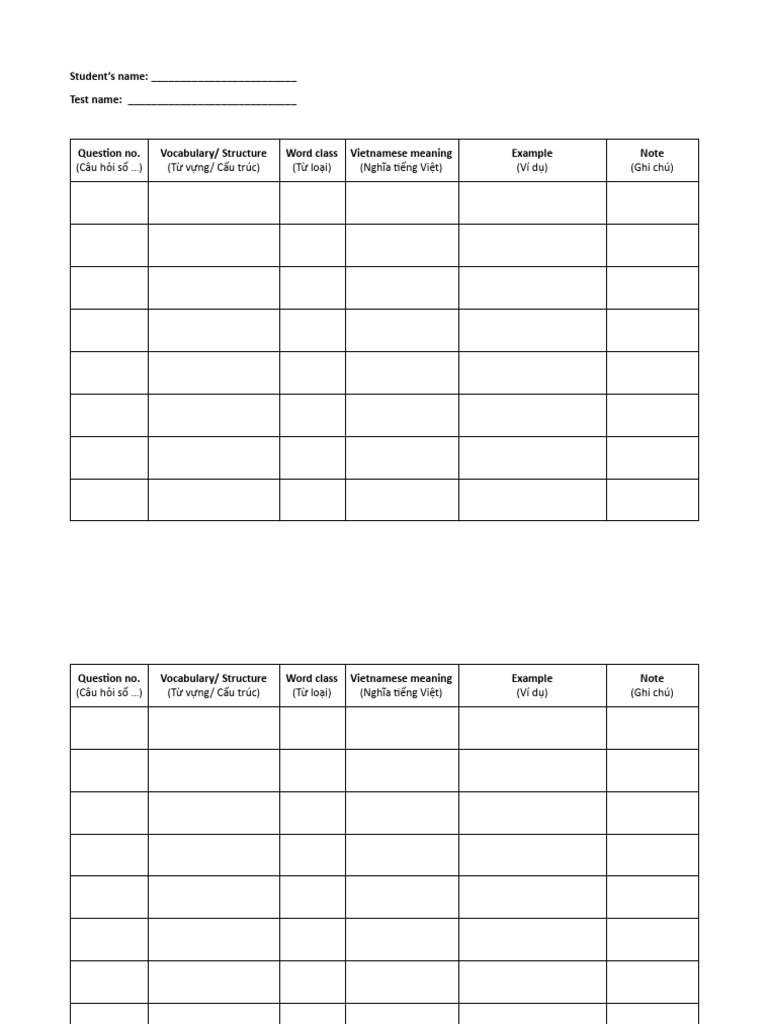 Vocab and Grammar For Test Template | PDF