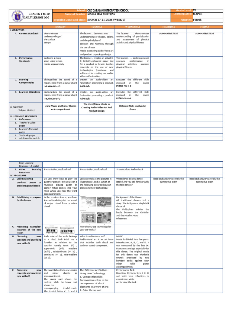 DLL - Mapeh 6 - Q4 - W6 V2 | PDF | Chord (Music) | Learning