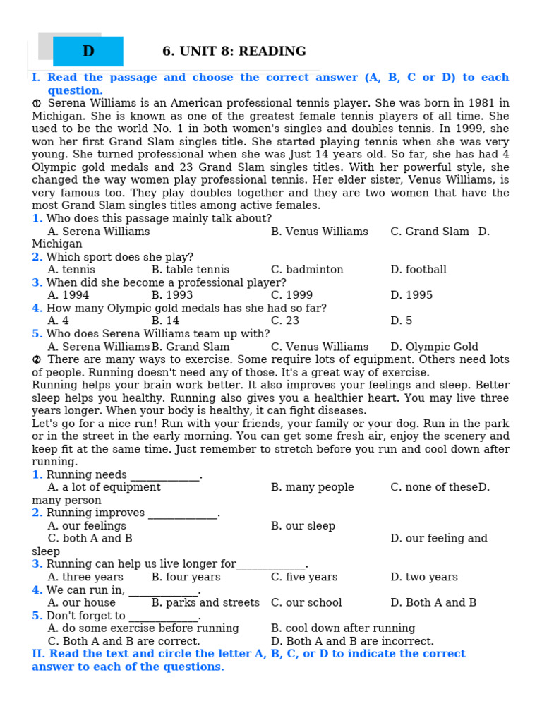 Unit 8 Reading and Writing | PDF | Olympic Games | Serena Williams