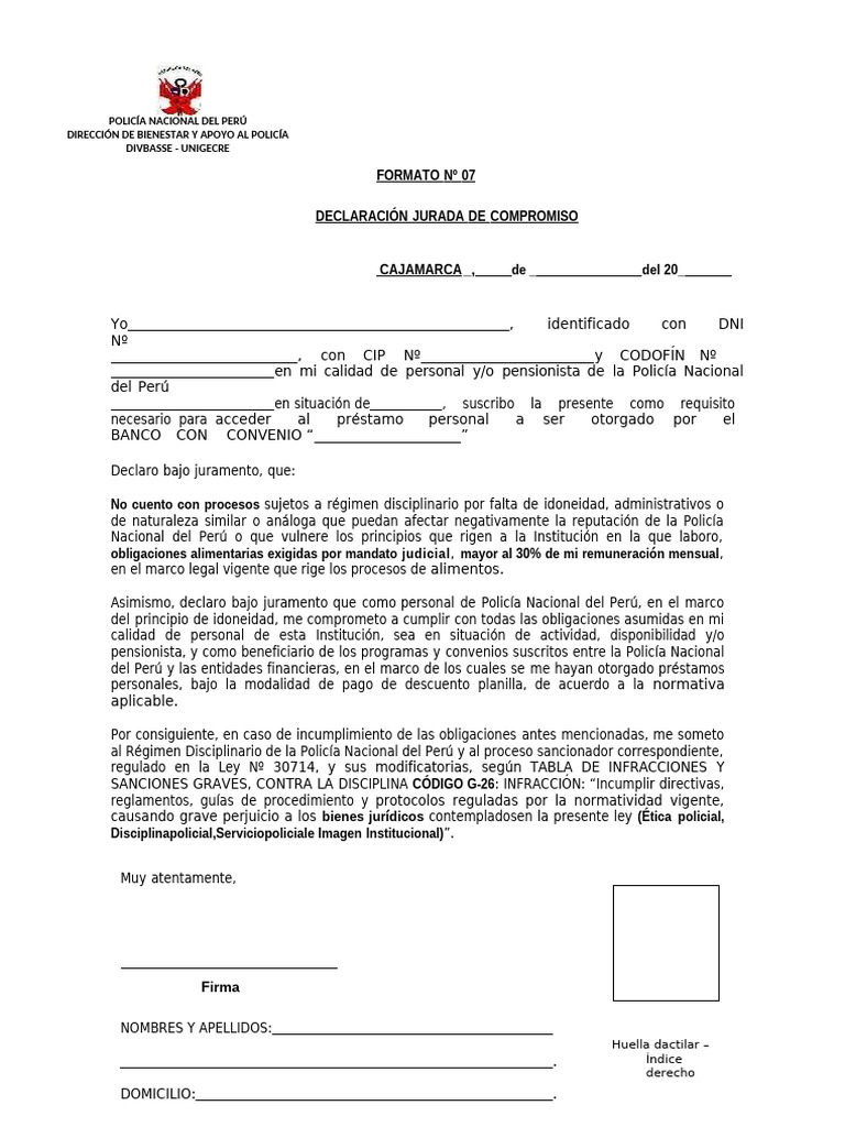 S.2181 Declaración Jurada de Compromiso - PNP | PDF | Policía | Justicia