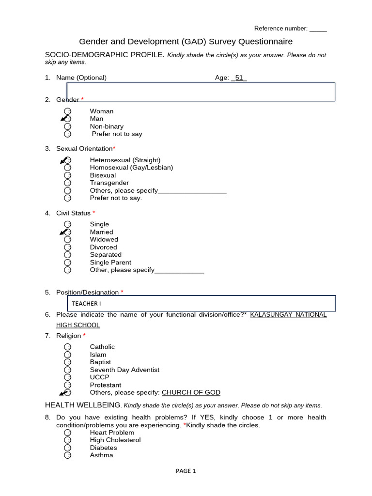 GAD Survey Questionnaire - Collection of SDD - Version 1 | PDF | Gender ...