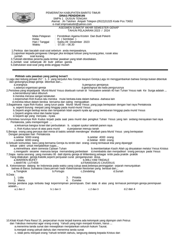 ASESMEN SUMATIF AKHIR SEMESTER GANJIL KLS 9 | PDF