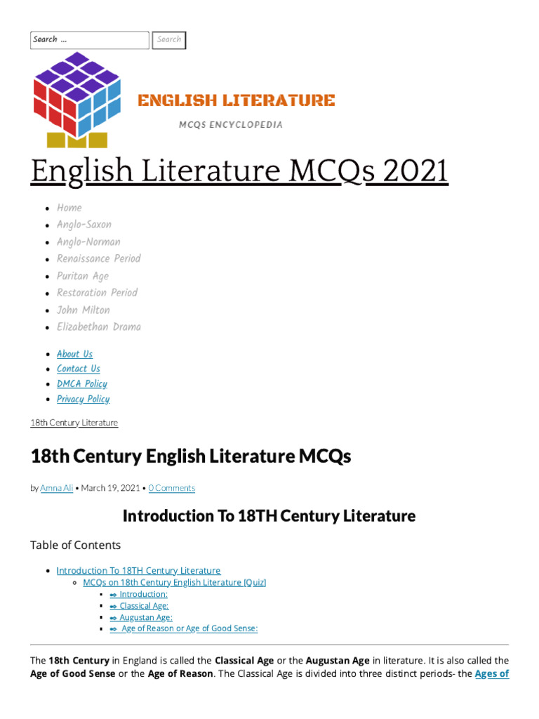 18th Century English Literature MCQs EnglishLiteratureMCQs | PDF ...