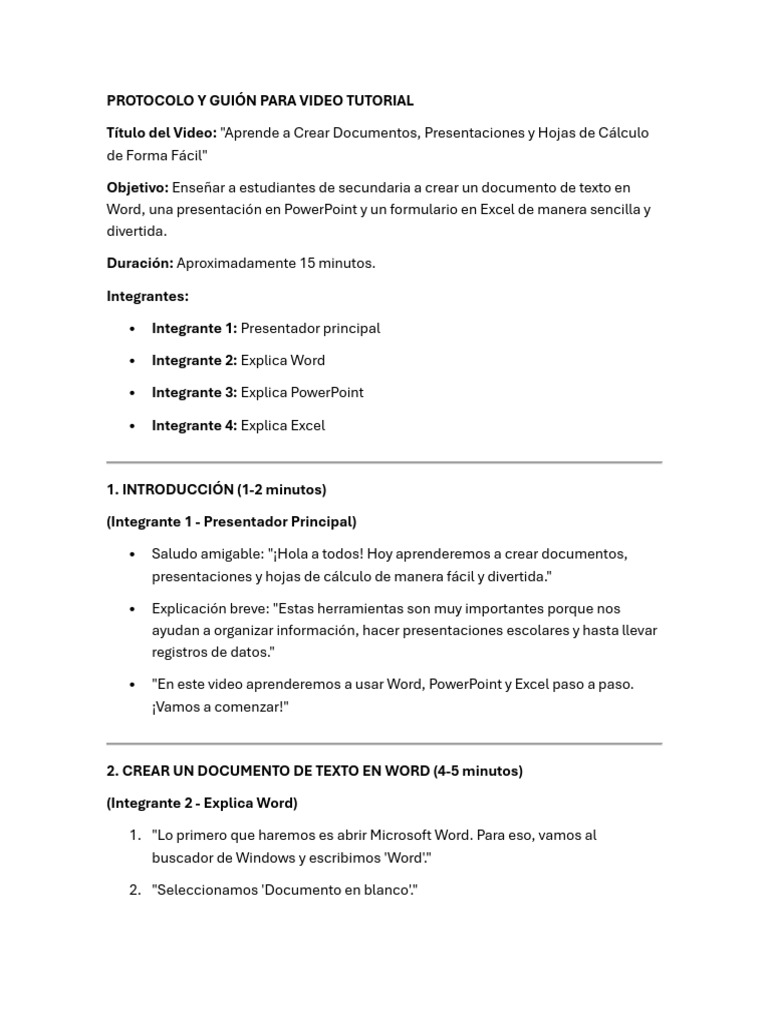 Protocolo y Guión para Video Tutorial | PDF | Microsoft Excel ...