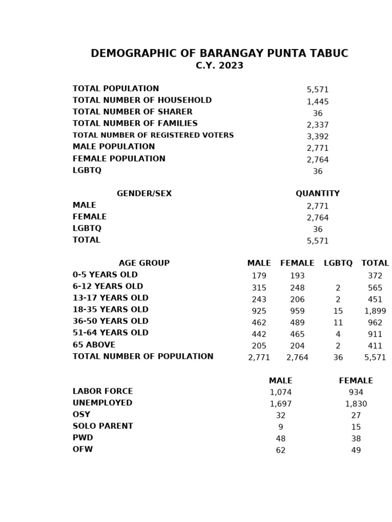 Barangay Punta Tabuc Demographics 2023 | PDF