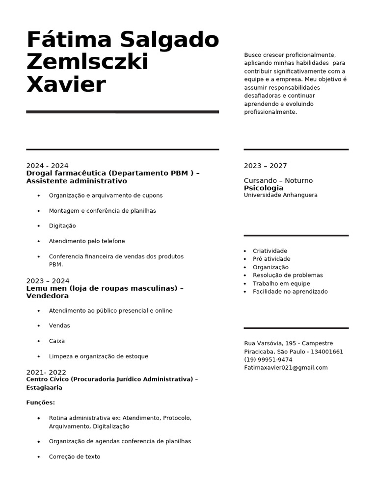 Currículo de Fátima Salgado Xavier | PDF