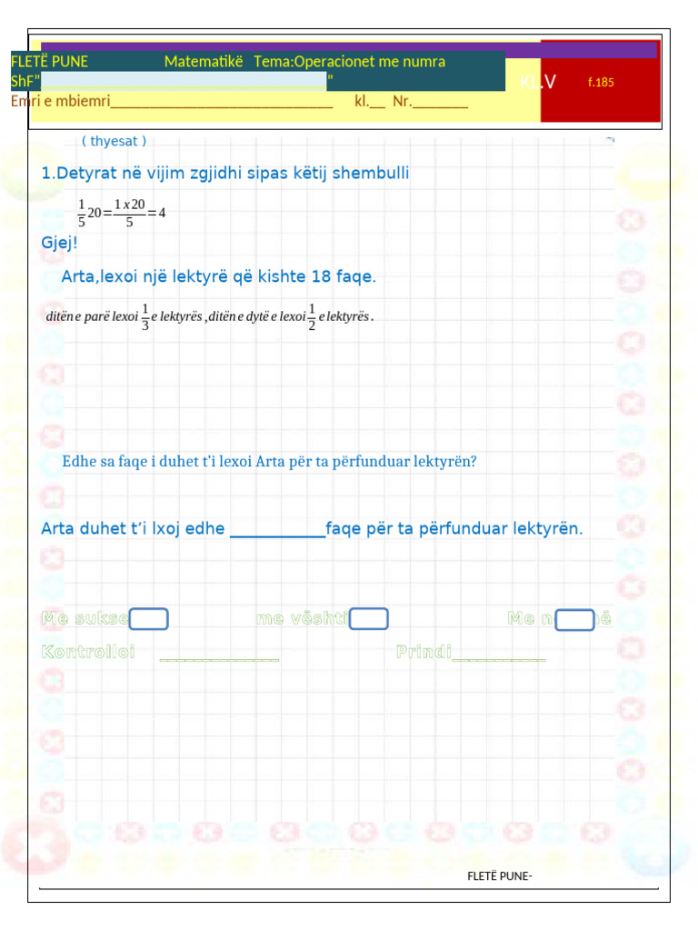 Fq.185 Flete Pune Matematike Temaoperacionet Me Numra KL.V Word 2 | PDF